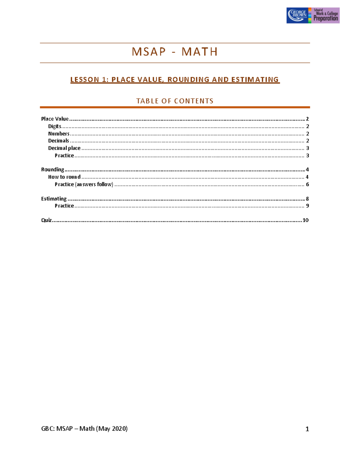 Review Math College - M S A P - M A T H LESSON 1: PLACE VALUE, ROUNDING ...