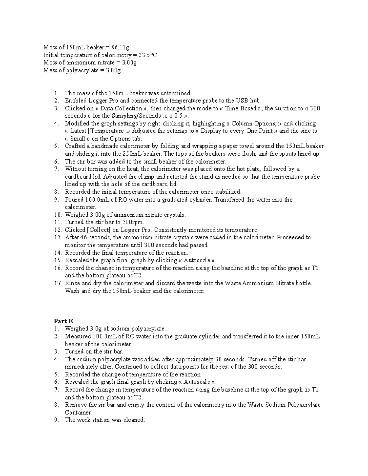 Calorimetry before CP - Mass of 150mL beaker = 86 Initial temperature ...