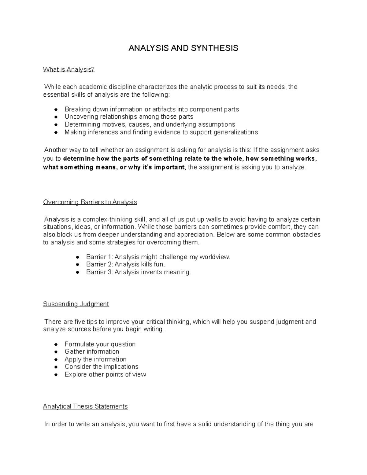 ENG 111 Notes Analysis and Synthesis Part 1 - ANALYSIS AND SYNTHESIS ...