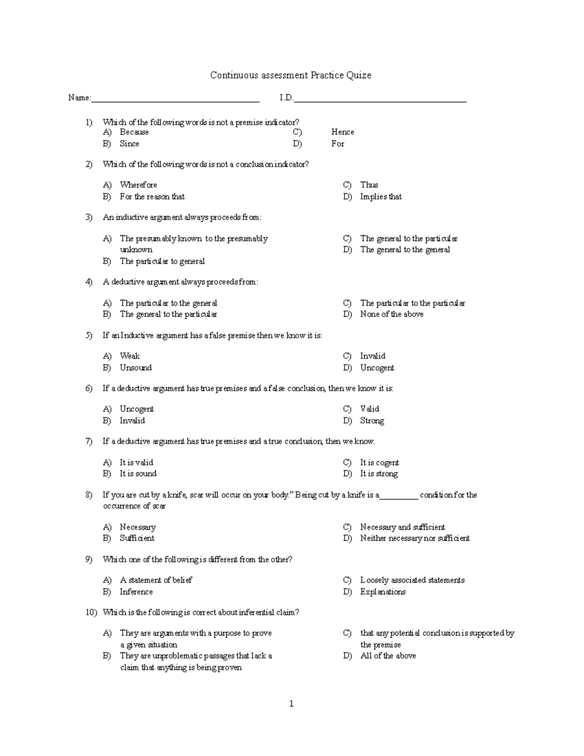 Continuous assessment I - Continuous assessment Practice Quize - Studocu