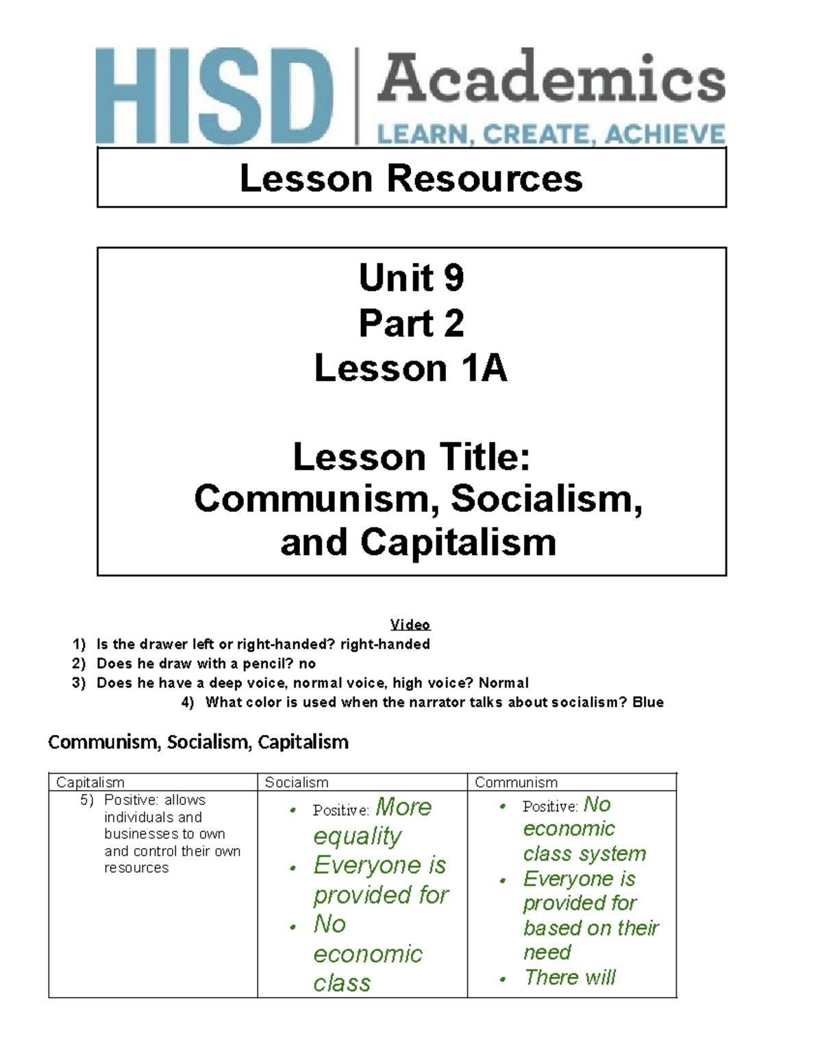 Communism, Socialism, Capitalism - Lesson Resources Unit 9 Part 2 ...
