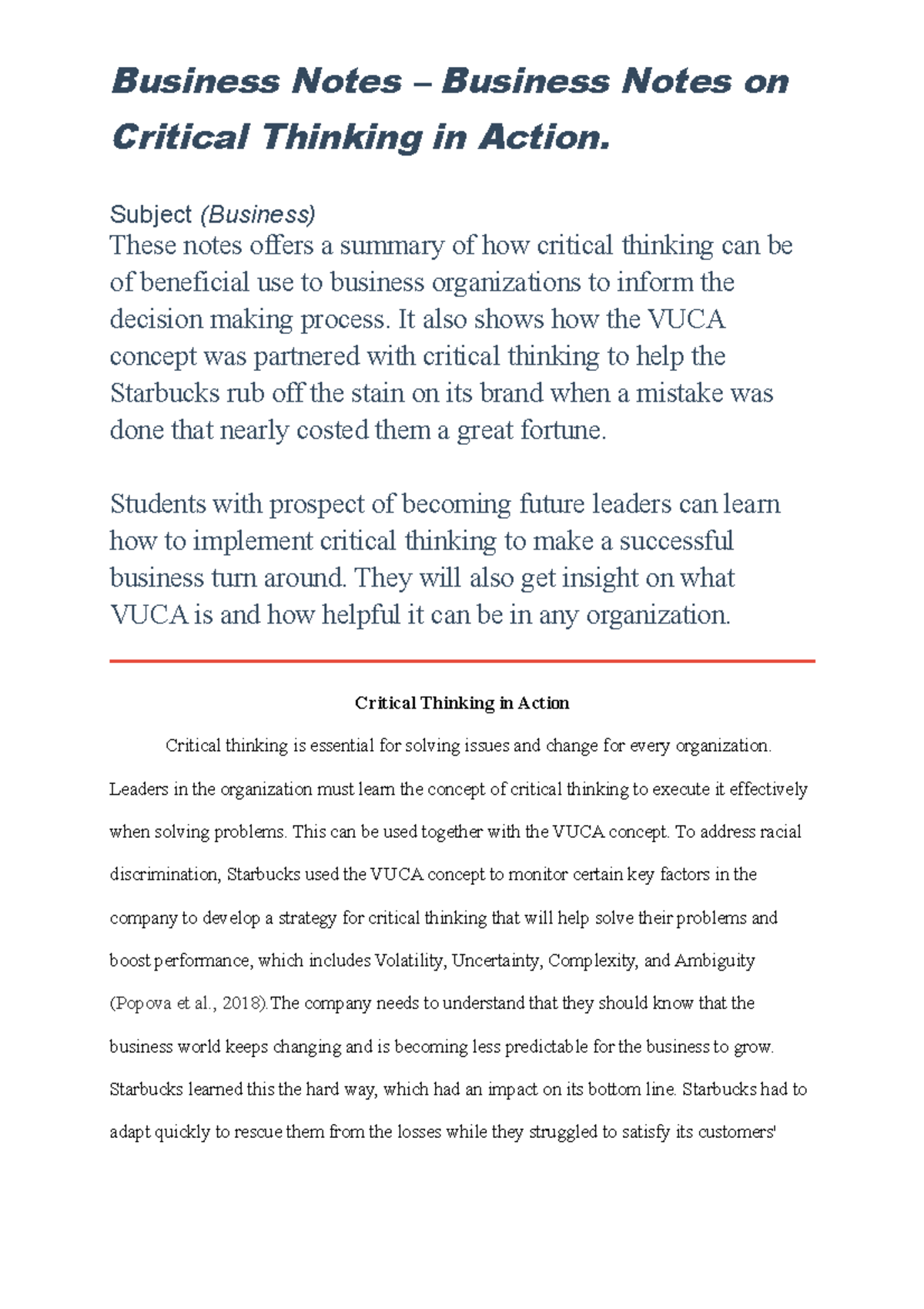 Critical Thinking in Action - Subject (Business) These notes offers a ...