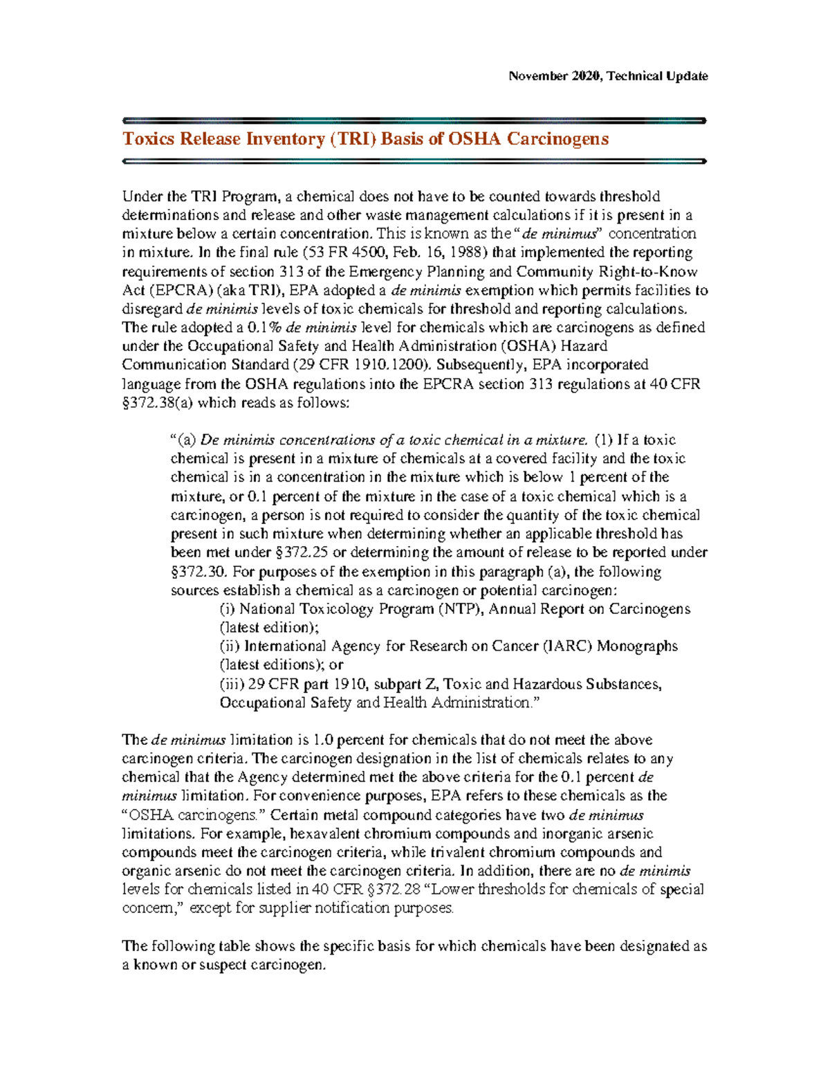 Osha carcinogen basis november 2019 update - November 2020 , Technical ...