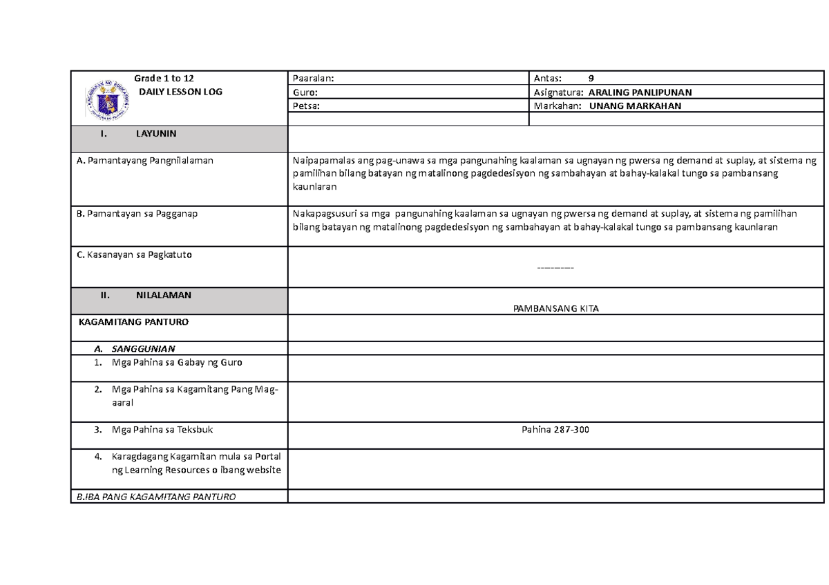 DLL Q1 - Sample Daily Lesson Log in Economics Grade 9 - Grade 1 to 12 ...