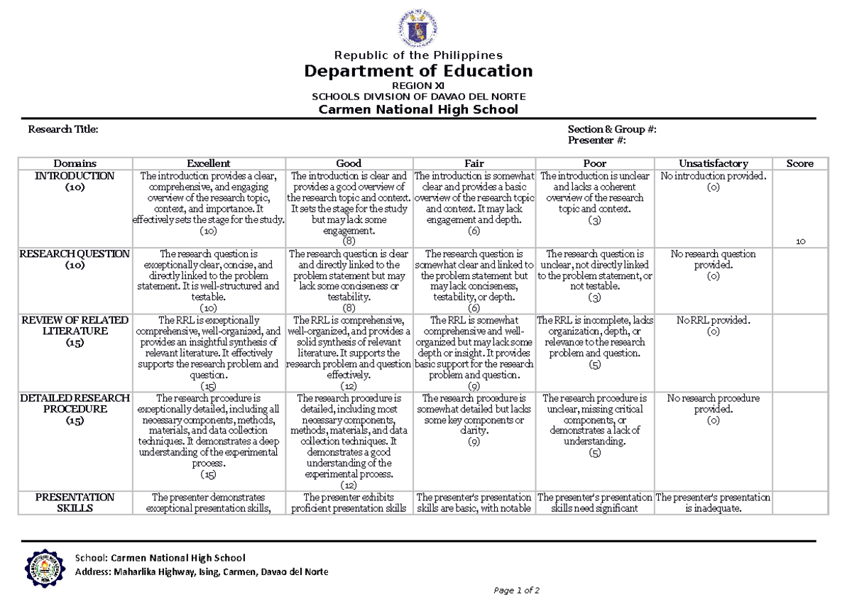 Rubrics- Outline- Defense - Republic of the Philippines Department of ...