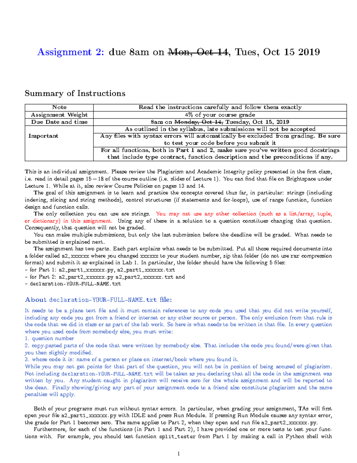 A2 - assignment - Assignment 2: due 8am on Mon, Oct 14, Tues, Oct 15 2019 Summary of ...