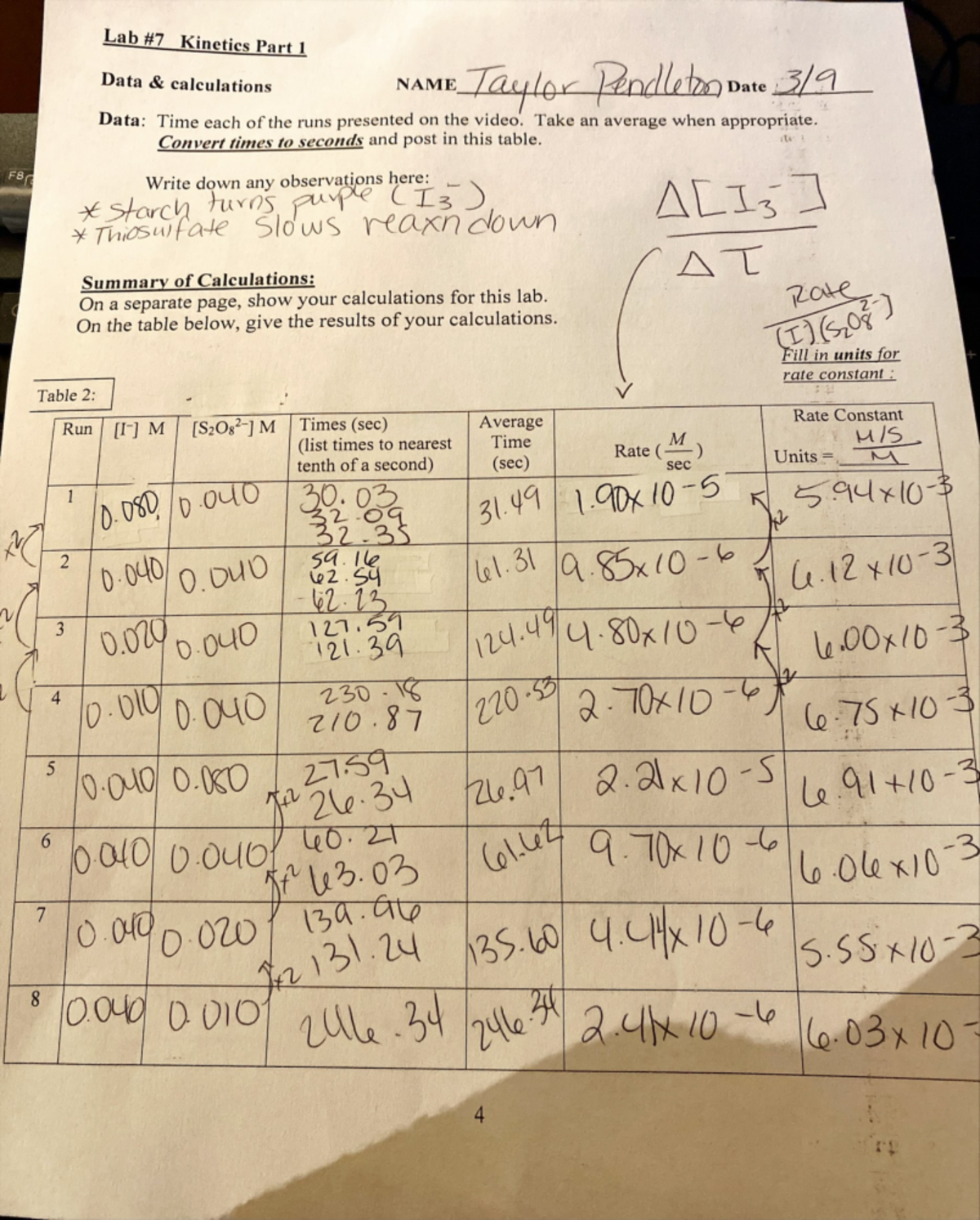 Kinetics 1 lab work - L ab Kinetics Part 1 Data calculations NAME Write ...