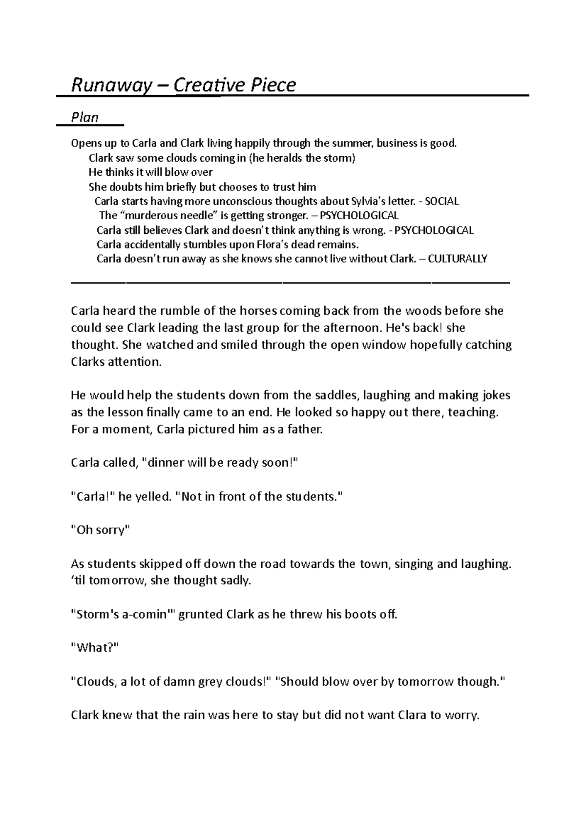 Runaway - prac essay - Runaway – Creative Piece Plan Opens up to Carla ...