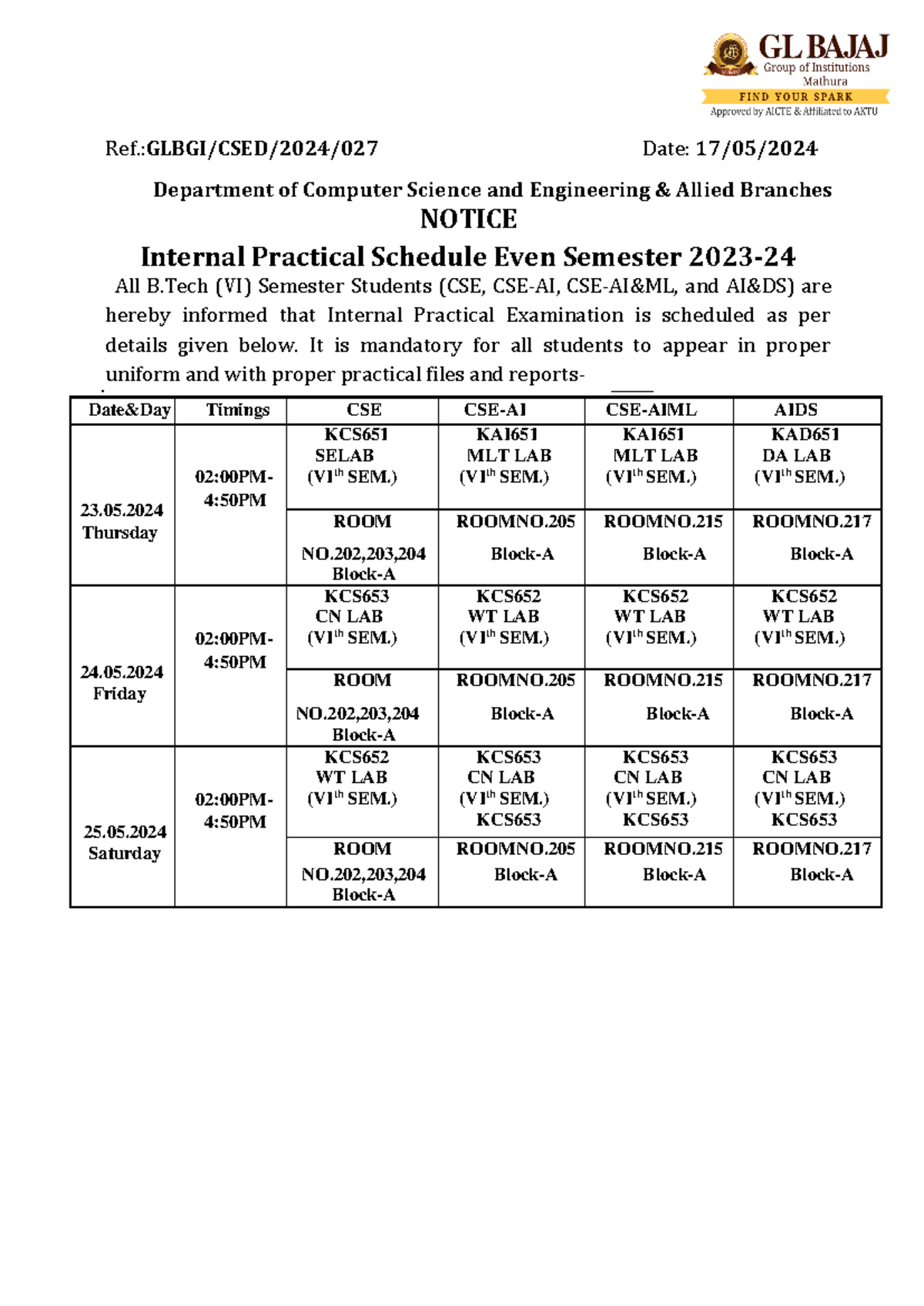3rd Year Internal Practical Schedule Even Sem 2023-24 - Ref.:GLBGI/CSED/2024/0 27 Date: 17 /05 ...