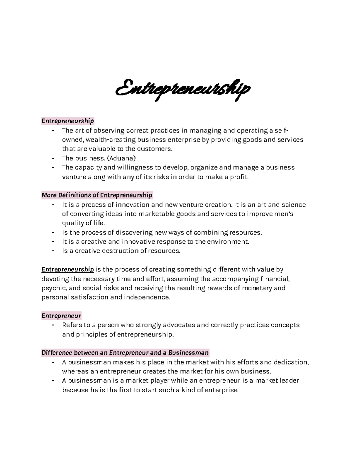 Entrep Notes - accounting 101 - Entrepreneurship Entrepreneurship - The ...