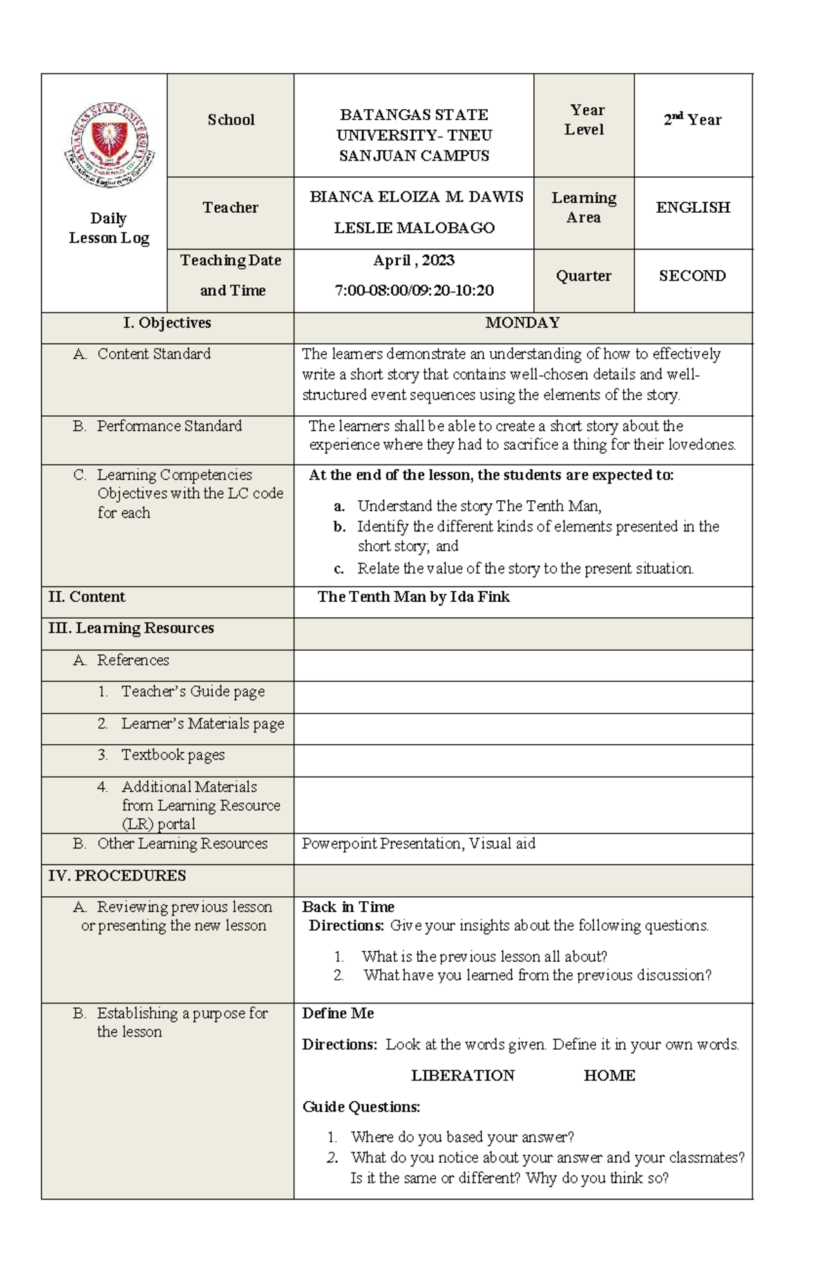 Daily LOG- THE Tenth MAN - Daily Lesson Log School BATANGAS STATE ...