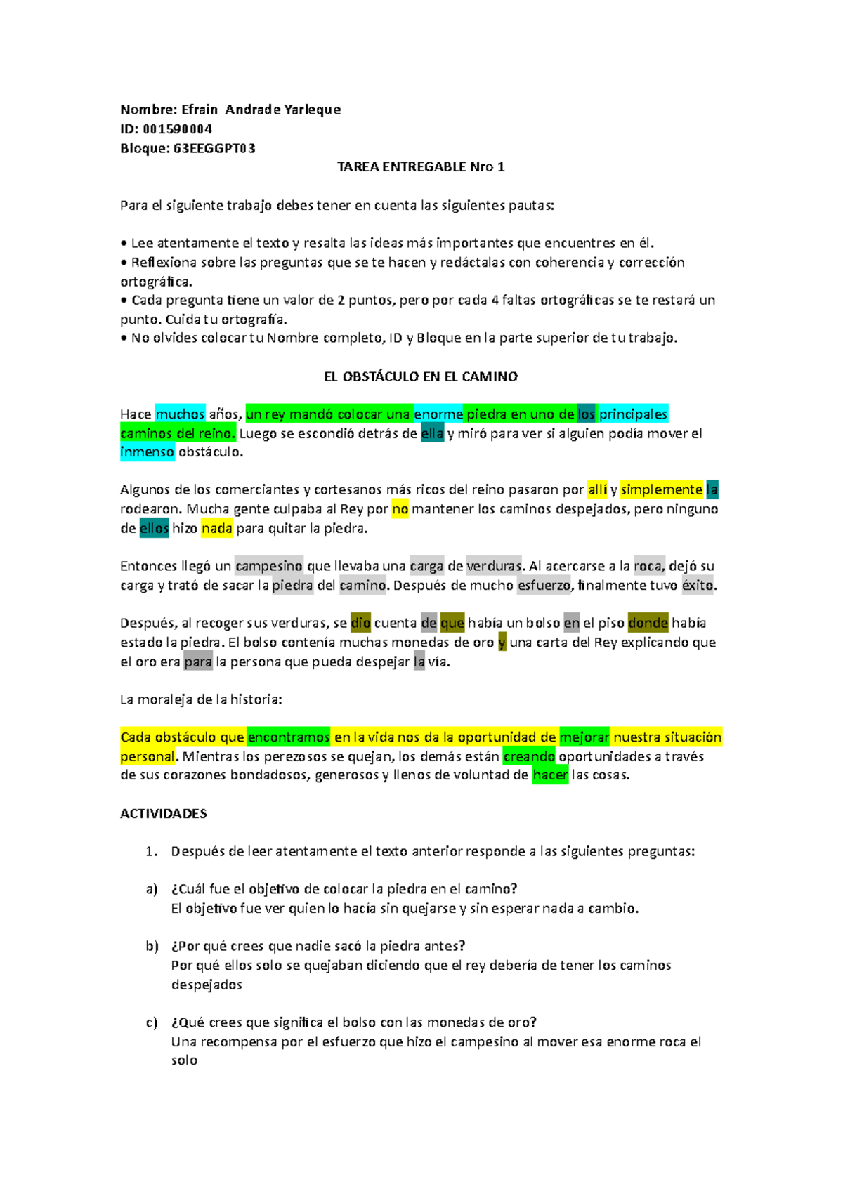 Documento - …….. - Nombre: Efrain Andrade Yarleque ID: 001590004 Bloque ...