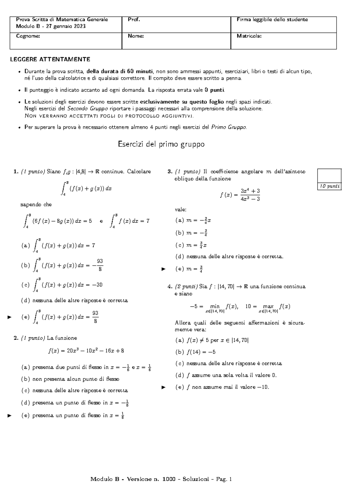 Prova d'esame modulo b 27:01 - Prova Scritta di Matematica Generale Modulo B - 27 gennaio 2023 ...