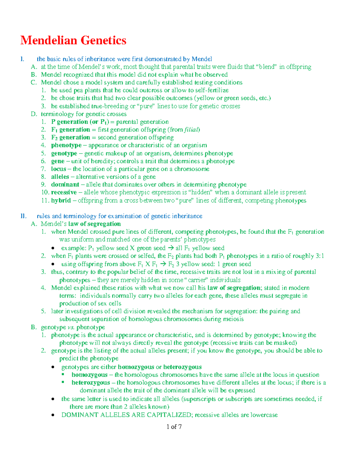 Mendelian Genetics - Lecture notes 10 - Mendelian Genetics I. the basic ...