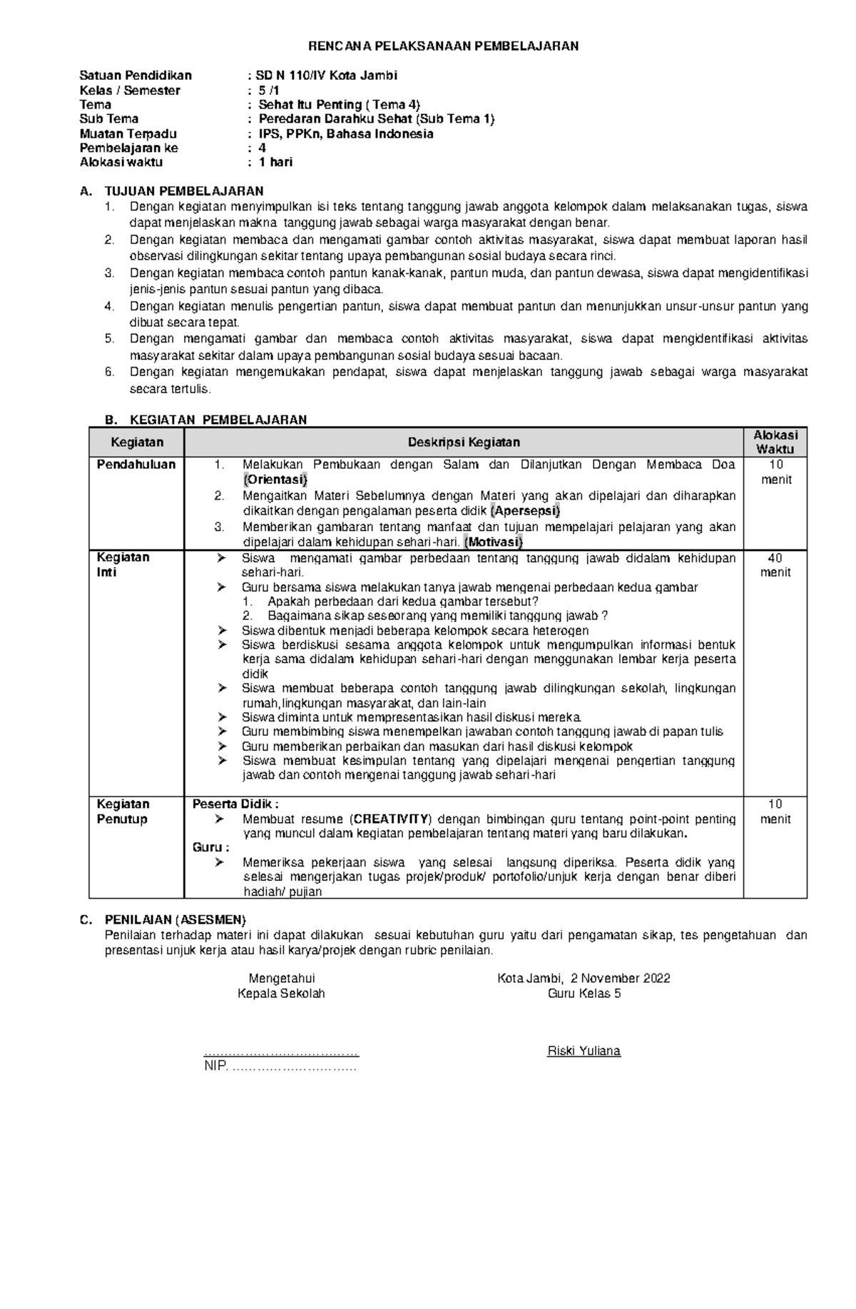 RPP Kelas 5 TEMA 4 - RENCANA PELAKSANAAN PEMBELAJARAN Satuan Pendidikan ...