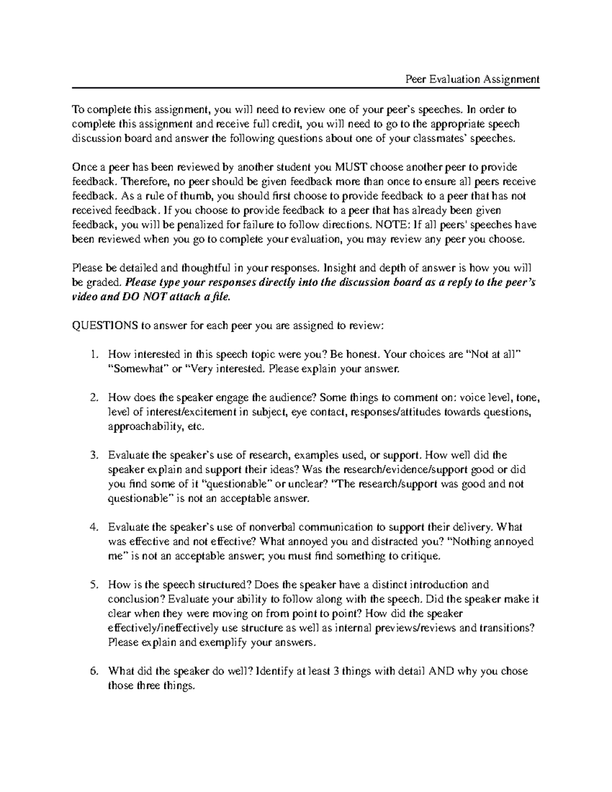 Peer Speech Evaluations Assignment - COMM210 - Fall 2020 - Peer Evaluation Assignment To ...