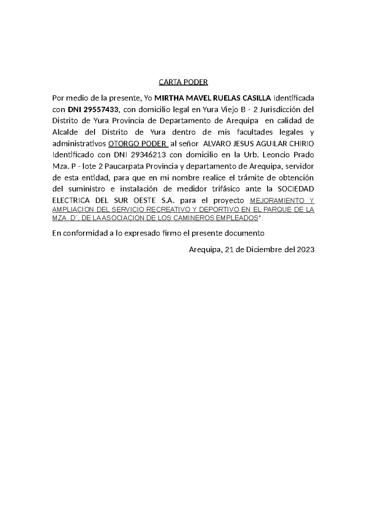 Modelo - Carta Poder - CARTA PODER Por medio de la presente, Yo MIRTHA ...