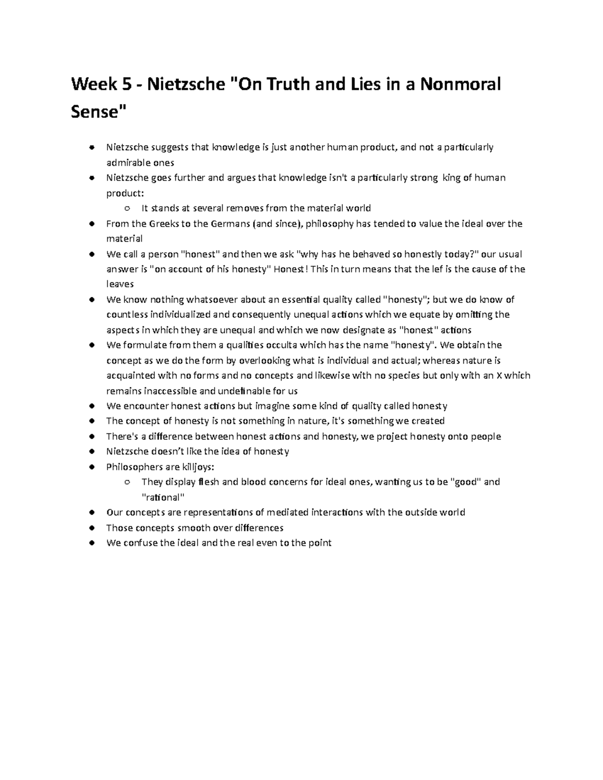 PHIL 111 Week 5 Notes - Week 5 - Nietzsche "On Truth and Lies in a ...