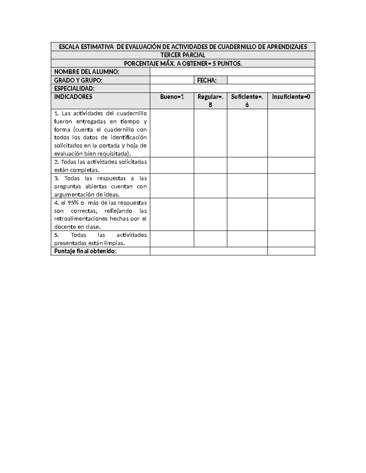 Escala Cuader. Tercer PARC - ESCALA ESTIMATIVA DE EVALUACIÓN DE ...