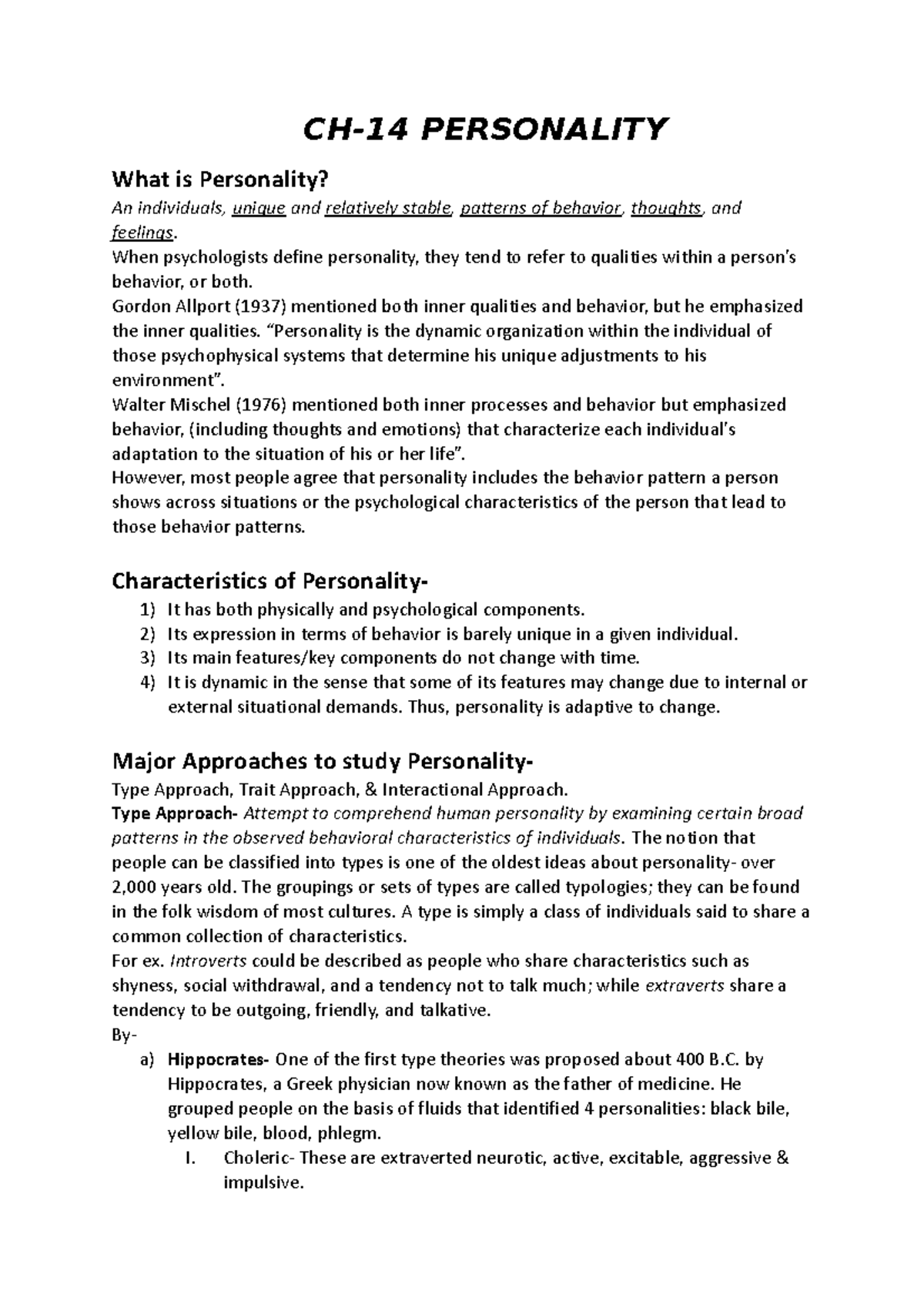 CH-14 Personality A - Consists of personal notes from the book ...