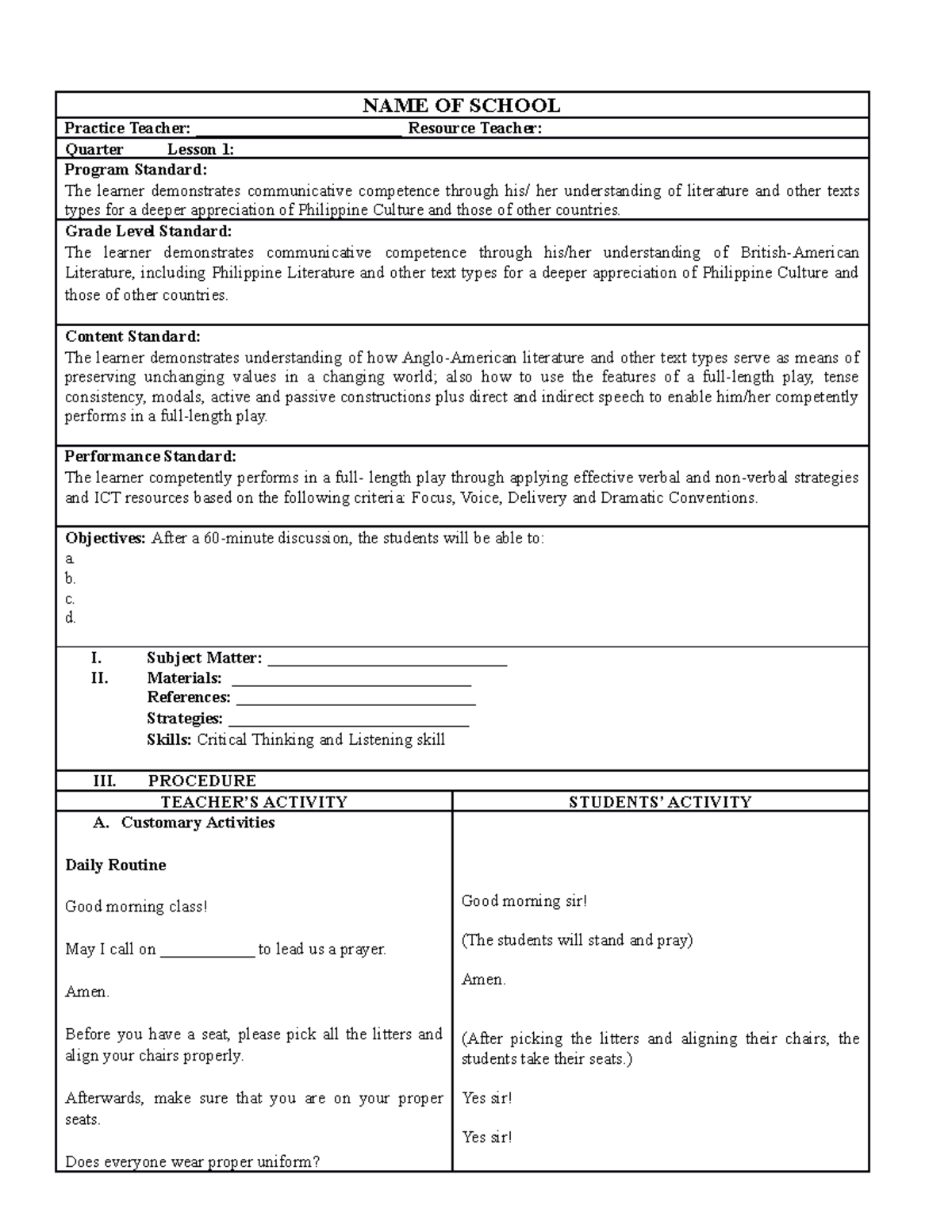 Format LP - NAME OF SCHOOL Practice Teacher ...