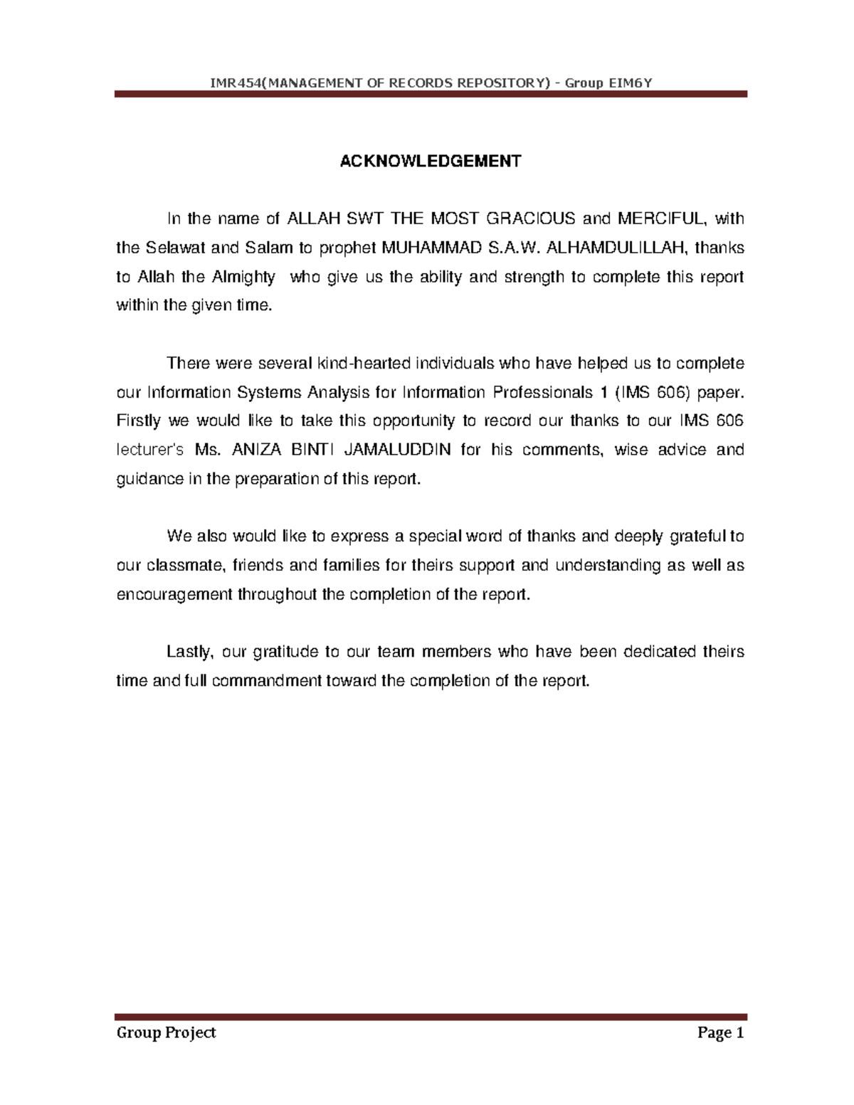 IMR454 Management OF Records Repository - ACKNOWLEDGEMENT In the name ...