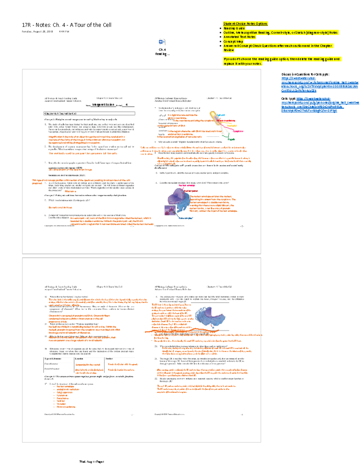 17R - Notes Ch. 4 - A Tour of the Cell Chaptre four location of cells ...