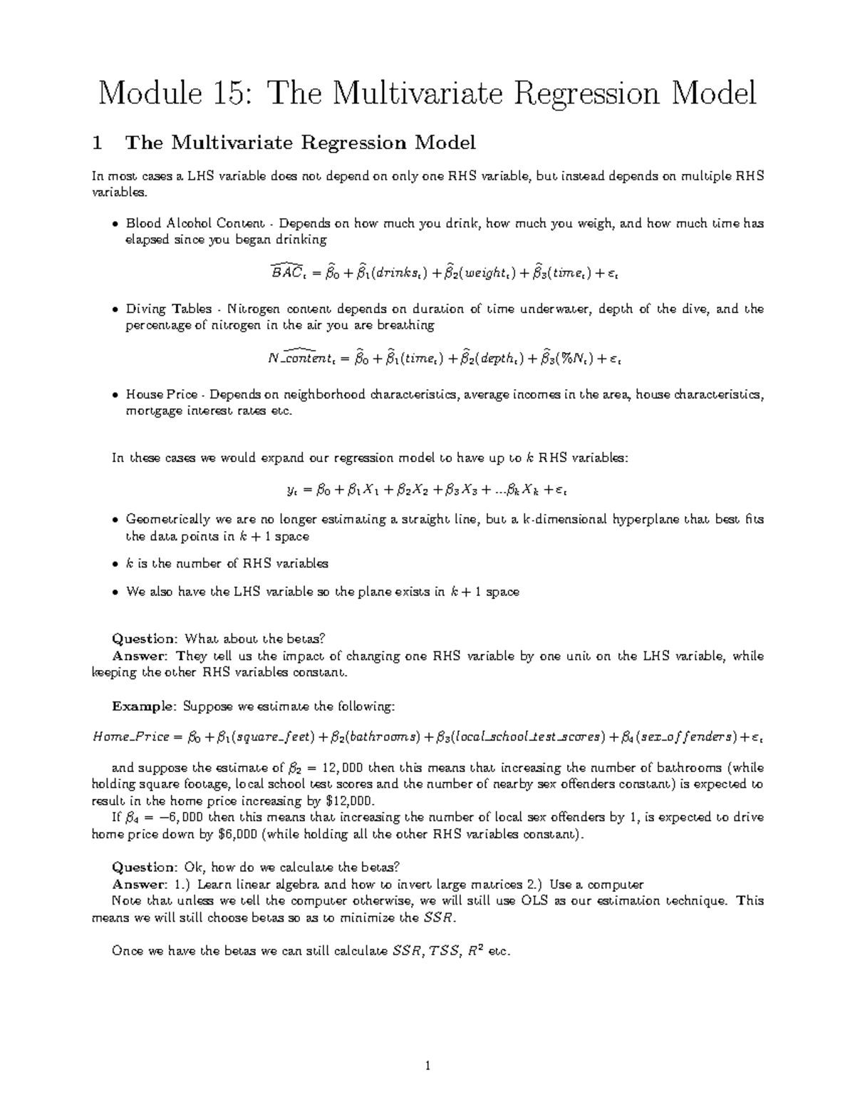 Module 15 Notes - Module 15: The Multivariate Regression Model 1 The ...