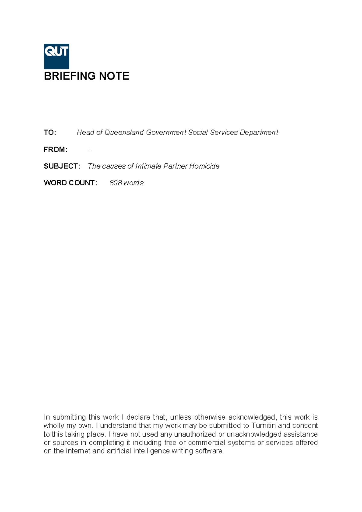 JSB172 Briefing Note - 88.66/100 - BRIEFING NOTE TO: Head of Queensland ...