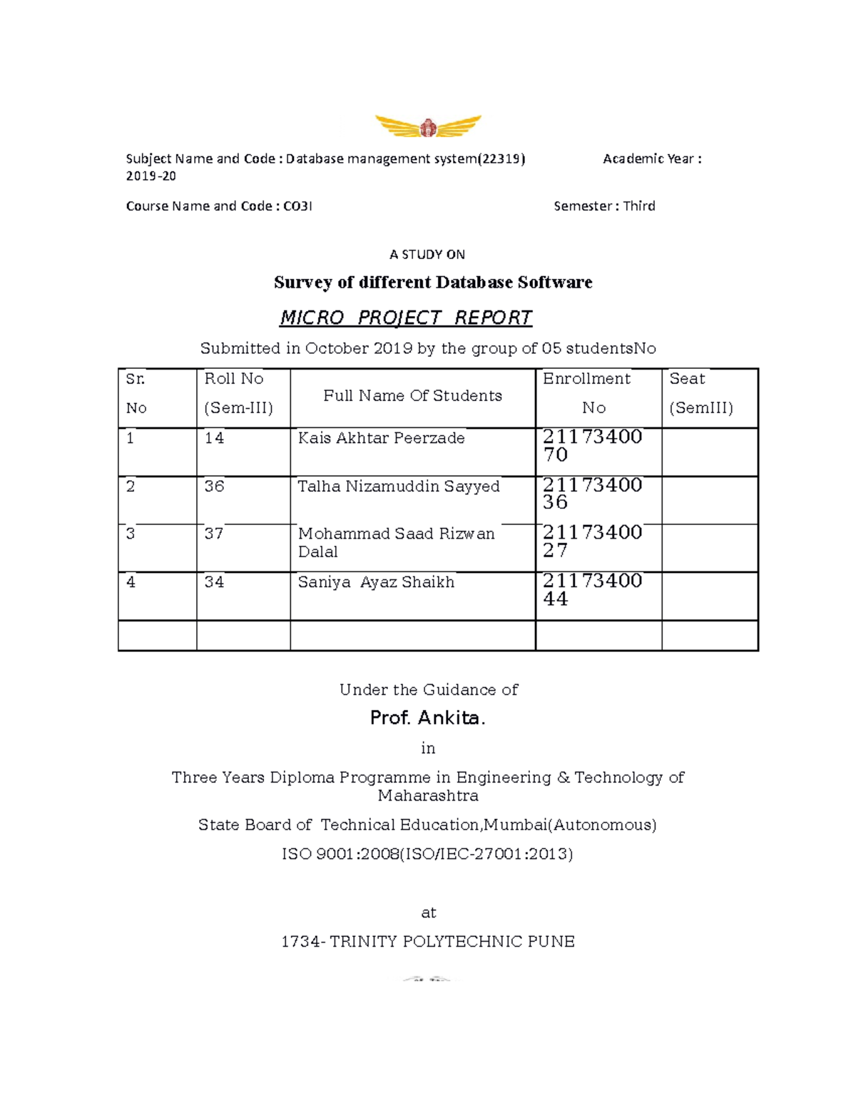 Dms microproject completed diplomatic - Subject Name and Code : Database management system(22319 ...