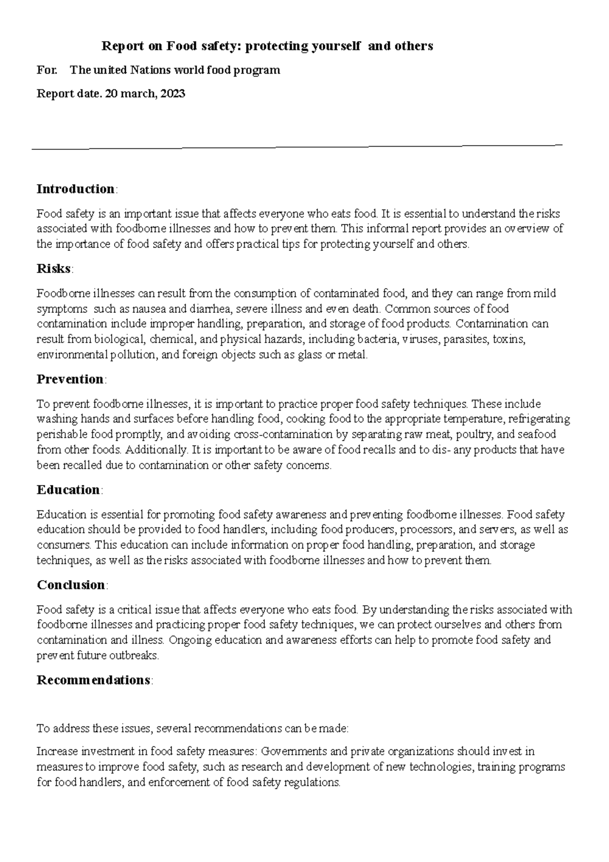 Informal report - Report on Food safety: protecting yourself and others ...