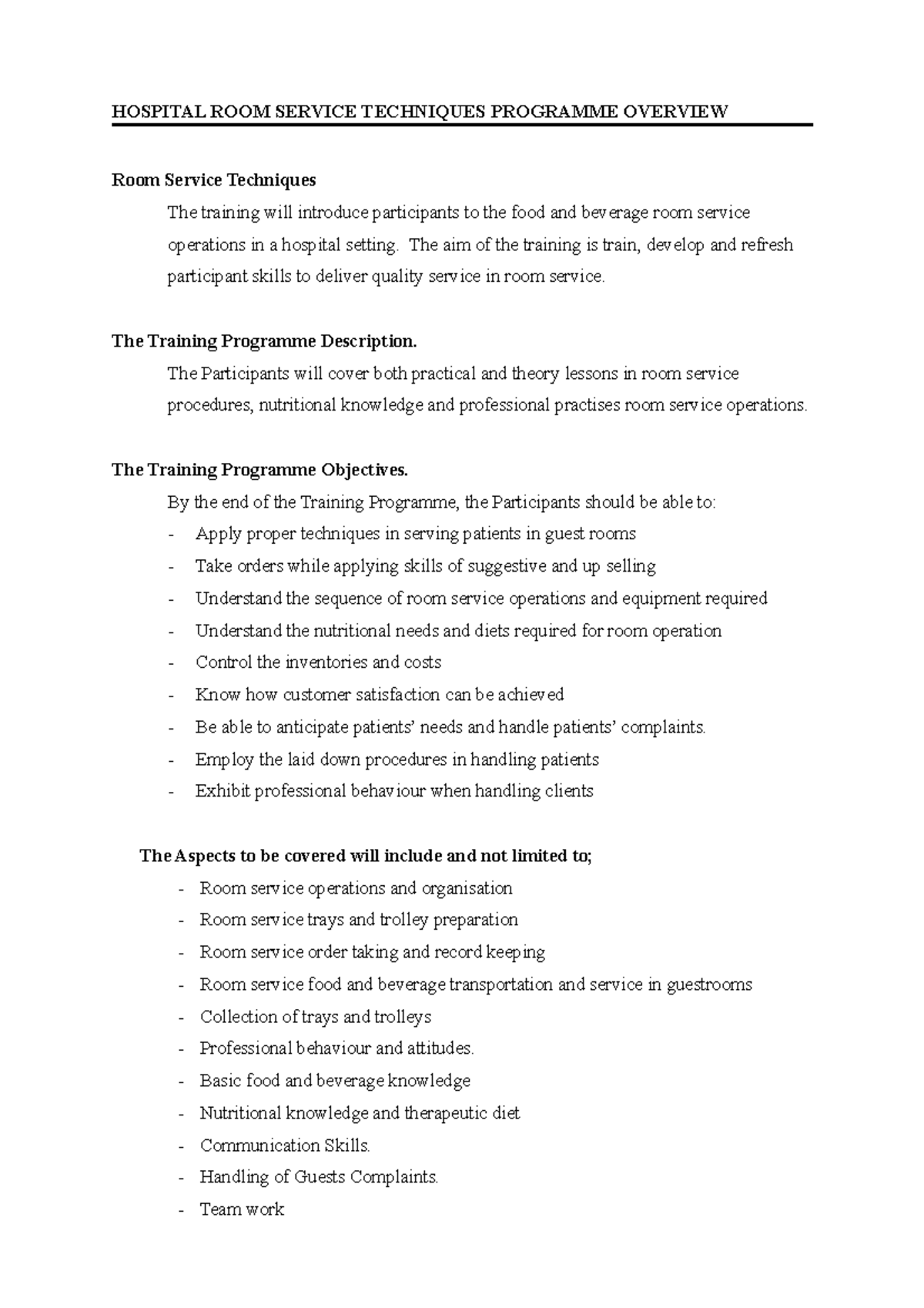 Room service training - HOSPITAL ROOM SERVICE TECHNIQUES PROGRAMME ...