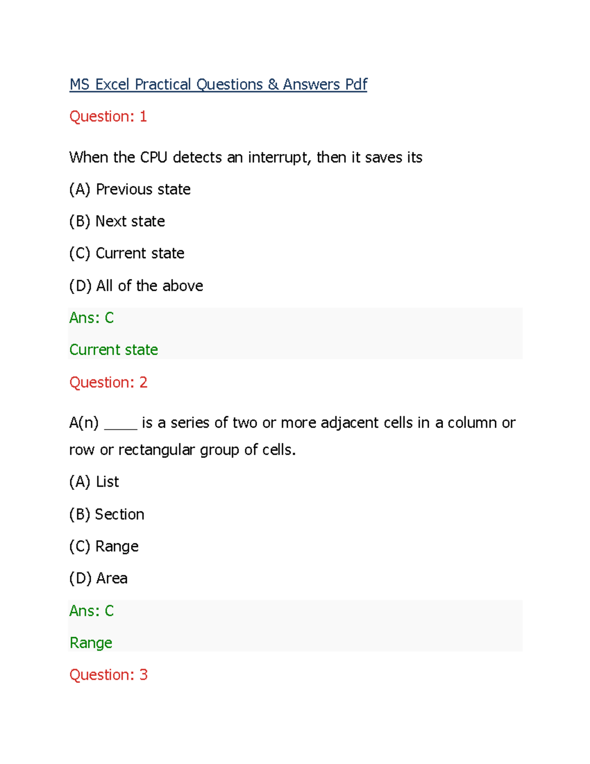 Ms excel practical questions - MS Excel Practical Questions & Answers ...