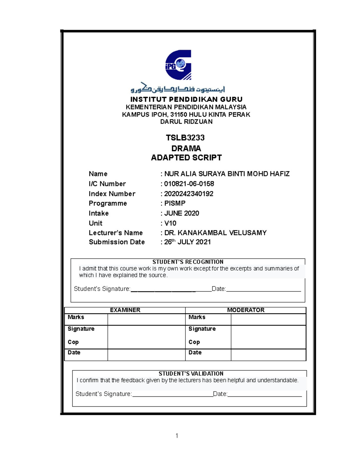 TSLB3233 Task 2 (Adapted Script) - INSTITUT PENDIDIKAN GURU KAMPUS IPOH ...