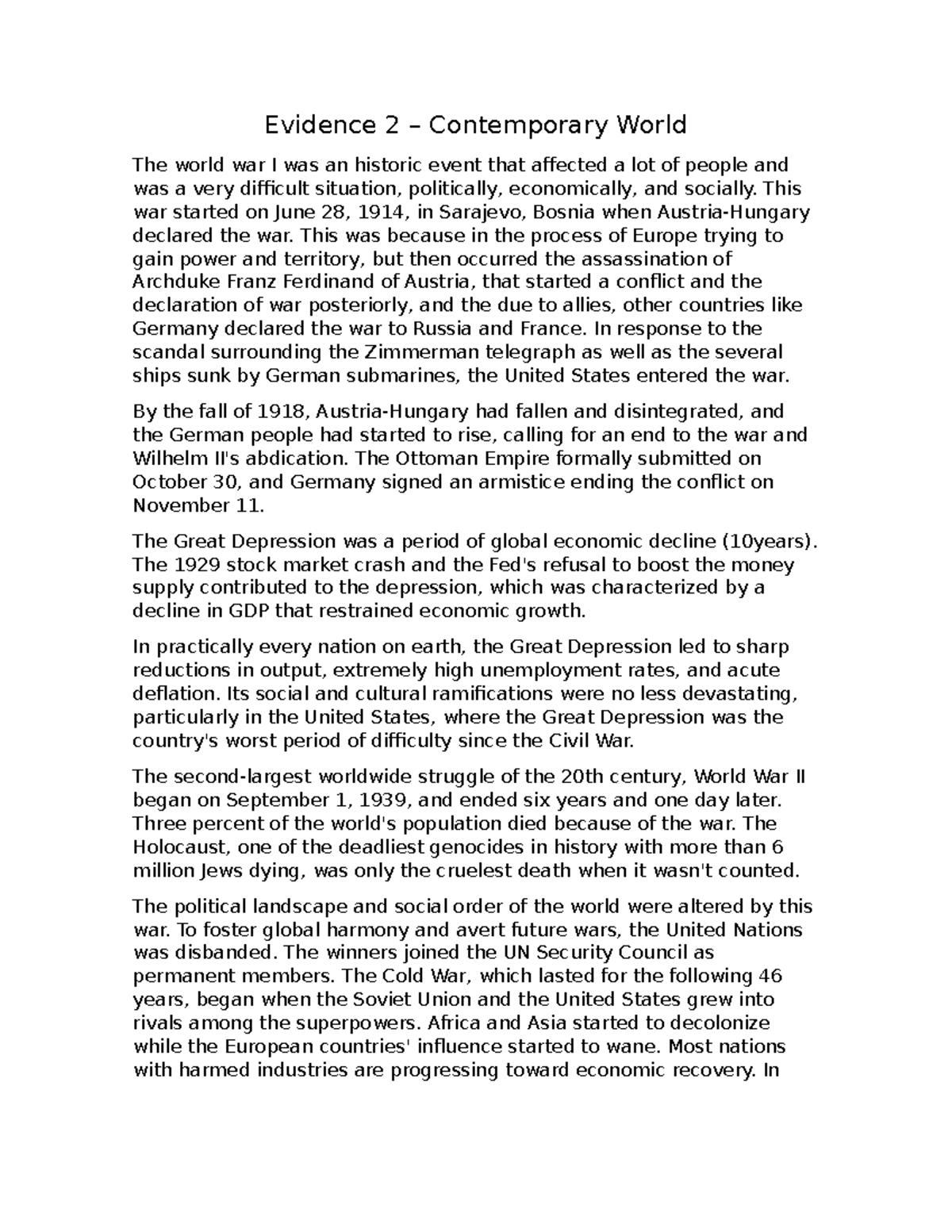 Evidence 2 Contemporary world - Evidence 2 – Contemporary World The ...