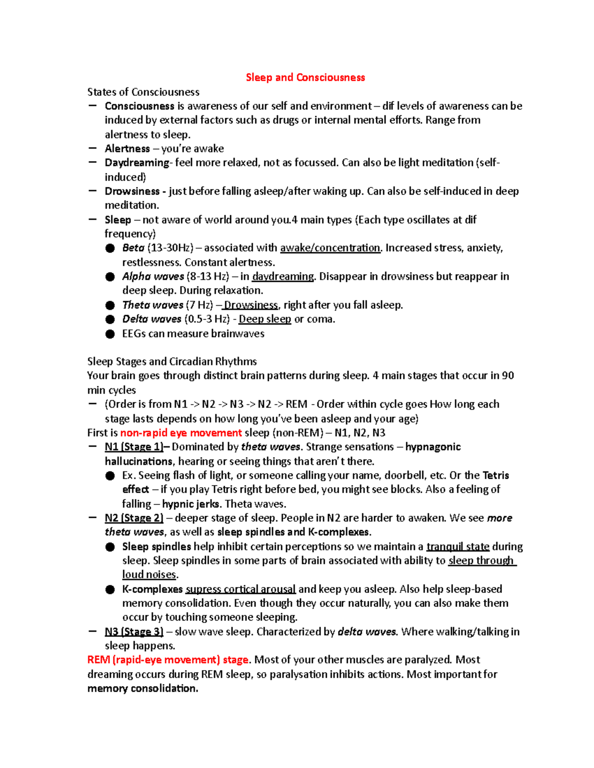 Sleep and Consciousness notes - Sleep and Consciousness States of ...