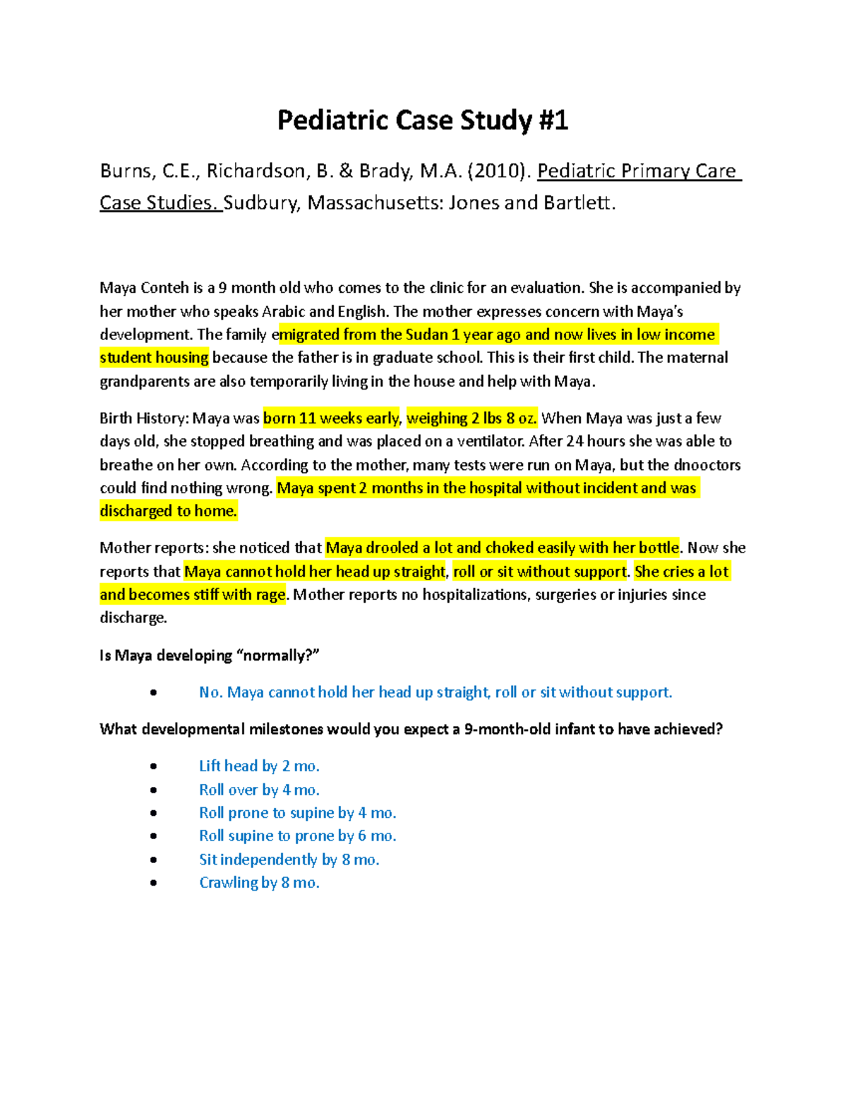 Pediatric Case Study #1 Infant w Gross Motor Delays-1 - NUR271 1 - CGCC - Studocu