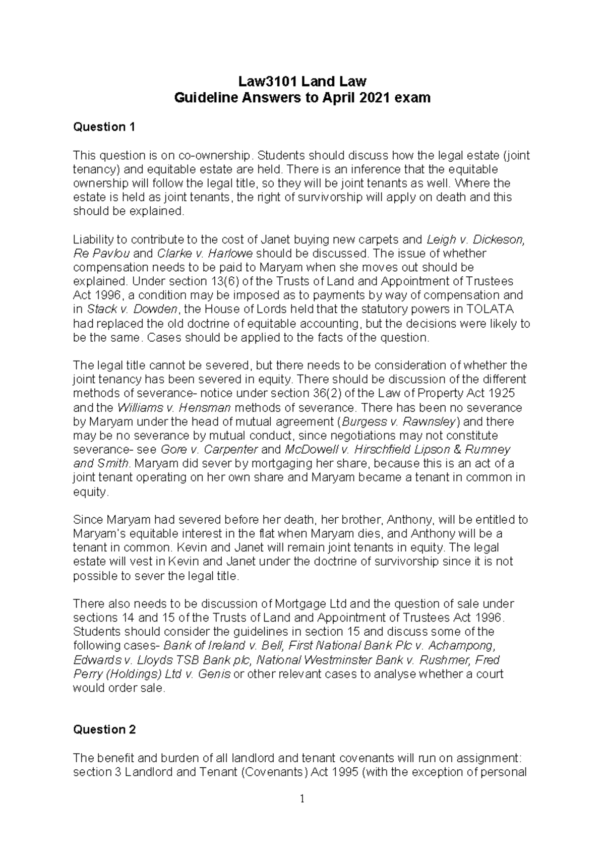 Guideline answers to April 2021 exam - Law3101 Land Law Guideline ...