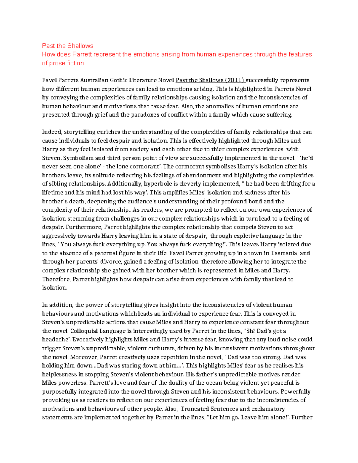 HSC English Paragraphs - Past the Shallows How does Parrett represent ...