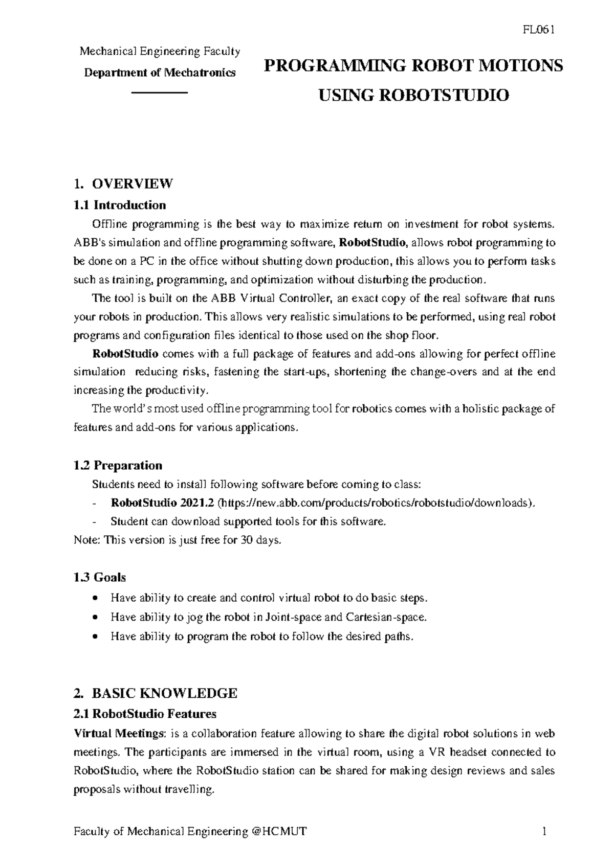 LAB 3 Robot Studio Basic Operating 23 - Mechanical Engineering Faculty Department of ...