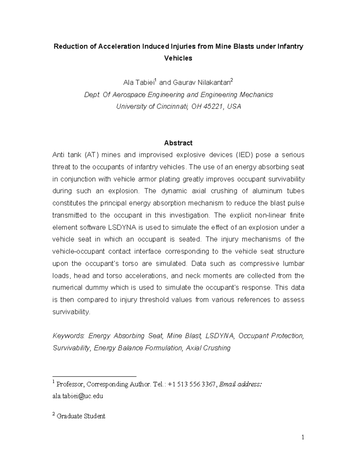 Reduction of Acceleration Induced Injuries from Mine Blasts under ...