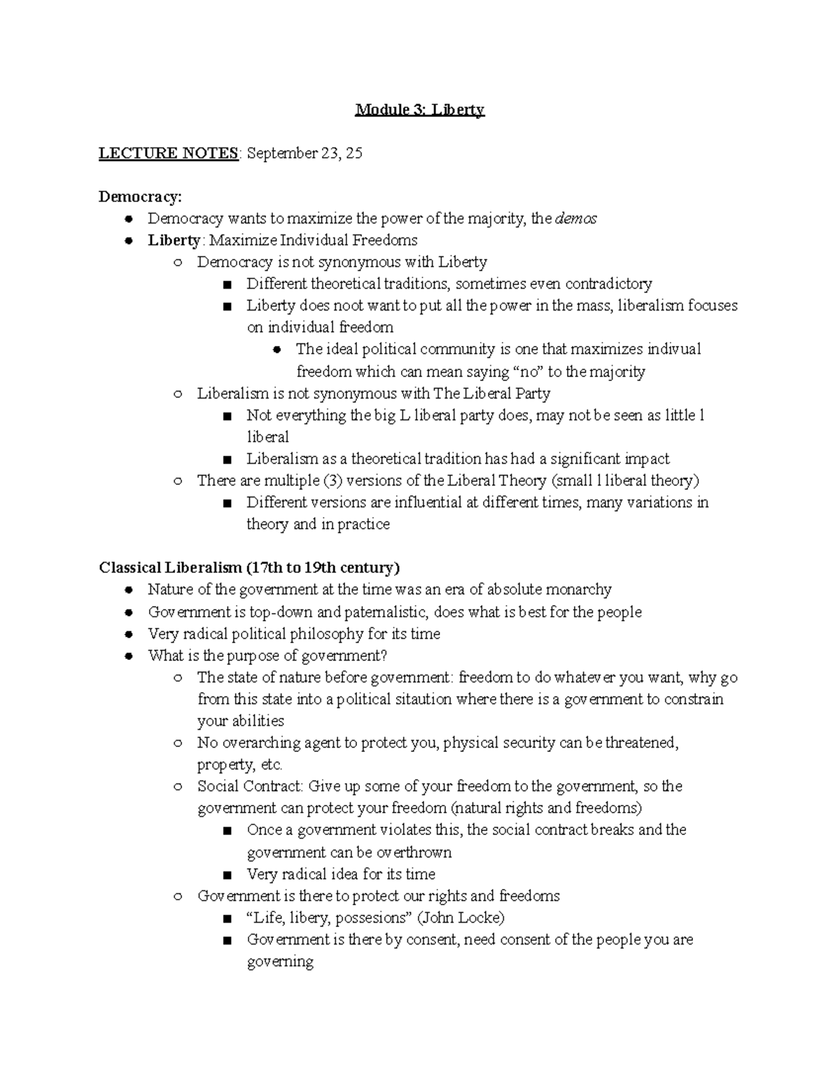 P Olsci 1AA3 - Module 3 - notes - Module 3: Liberty LECTURE NOTES ...
