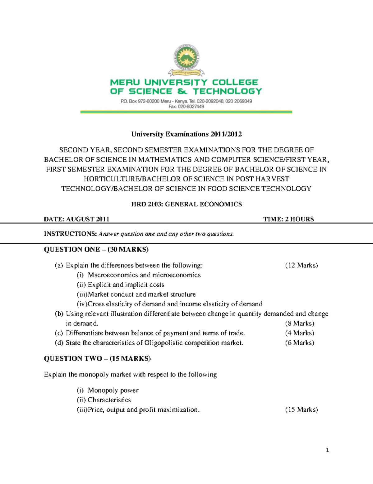 HRD 2103 - General Economics August 2011 - 1 University Examinations ...