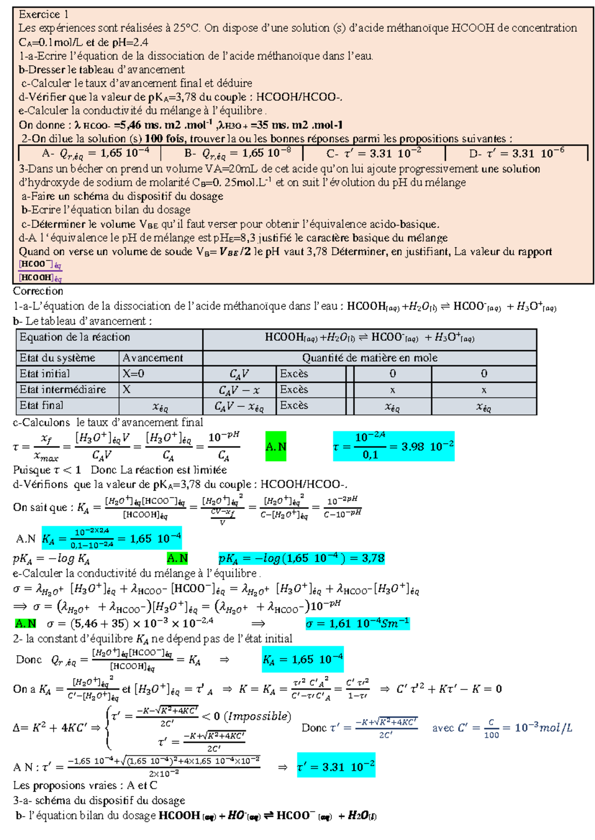 Acide et base - Dosage -2 - Exercice 1 Les expériences sont réalisées à 25°C. On dispose d’une ...
