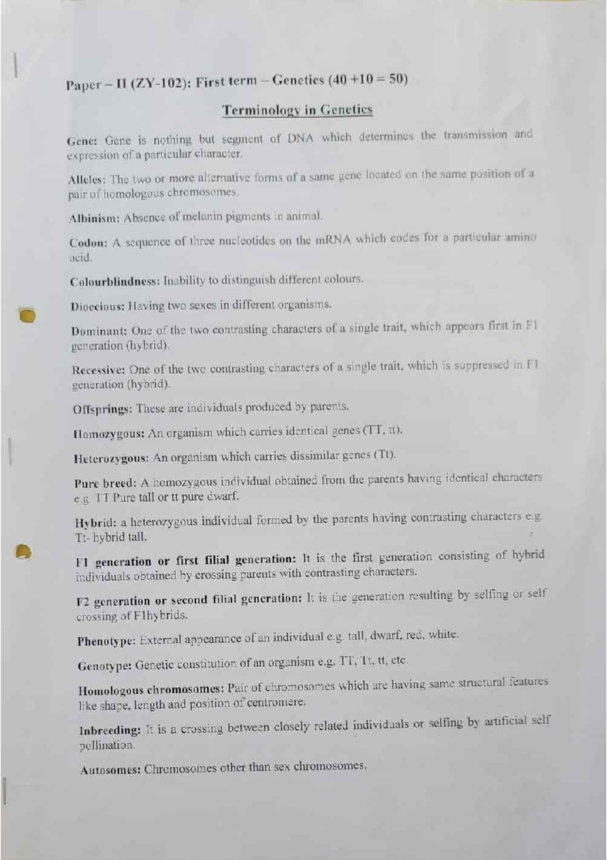Introduction to Genetics - Paper II First term Genetics (40 50 ...