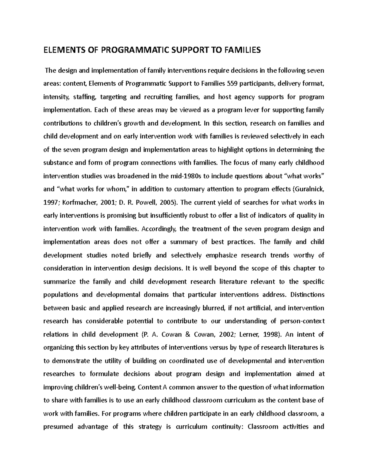 Elements OF Programmatic Support TO Families - Each of these areas may ...