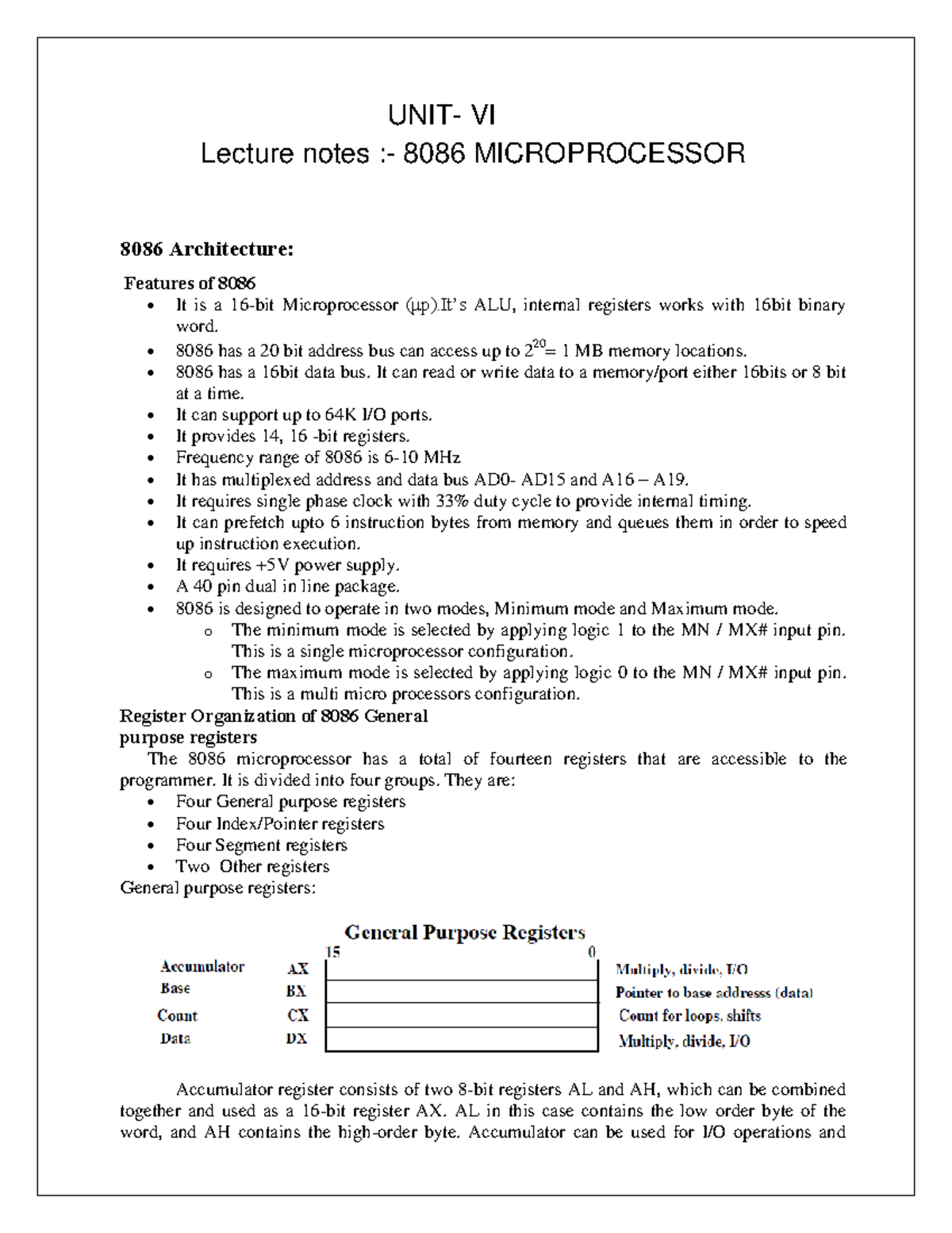 ECE lecture notes on 8086 4th semester - 8086 Architecture: Features of ...
