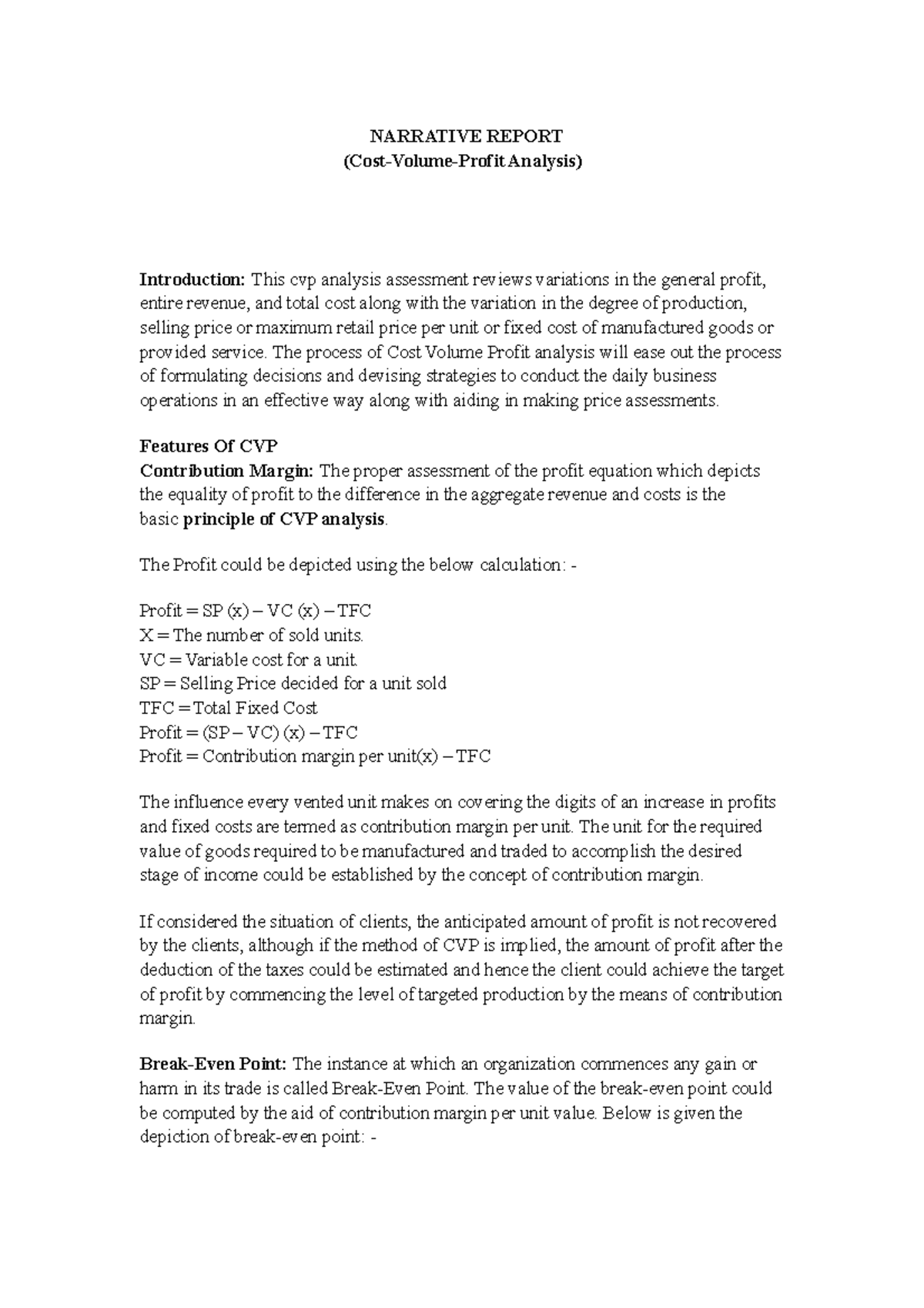 CVP Analysis- Narration Report - NARRATIVE REPORT (Cost-Volume-Profit ...