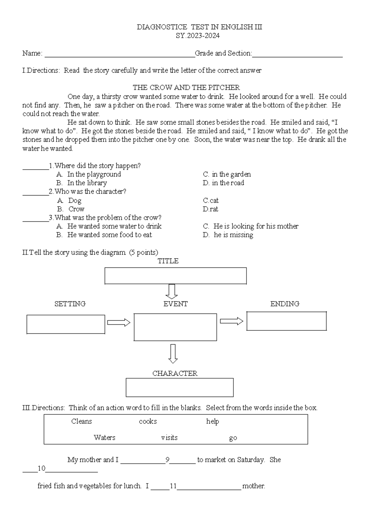 PRE-TEST English 3 - DIAGNOSTICE TEST IN ENGLISH III SY- Name ...