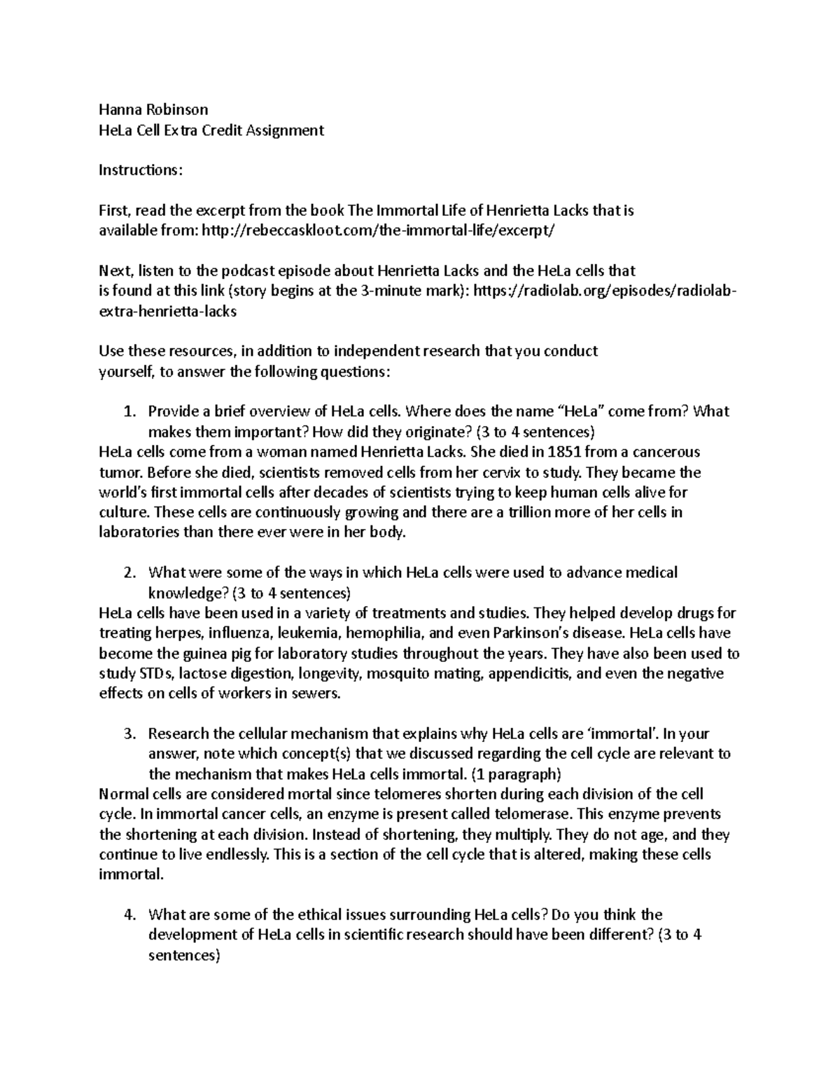 He La Cell Extra Credit Assignment - Hanna Robinson HeLa Cell Extra ...